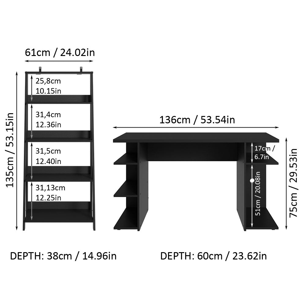 Madesa Gamer Desk 53" + Ladder Shelf Standing Bookcase - Black – Madesa US