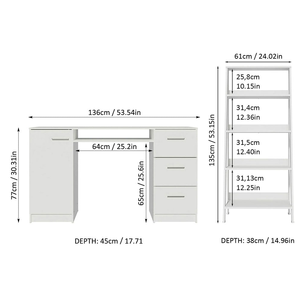 Madesa Home Office Desk 53" + Ladder Shelf Standing Bookcase - White ...