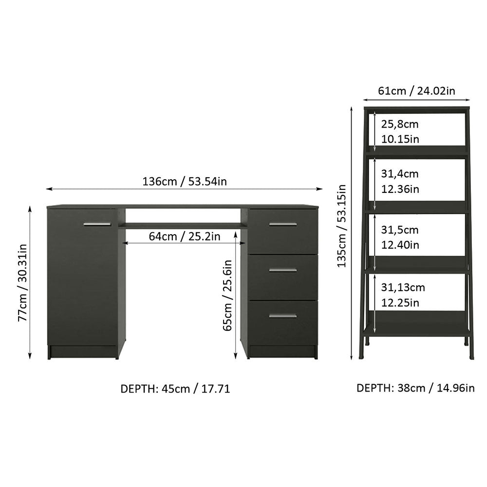 Madesa Home Office Desk 53" + Ladder Shelf Standing Bookcase - Black ...