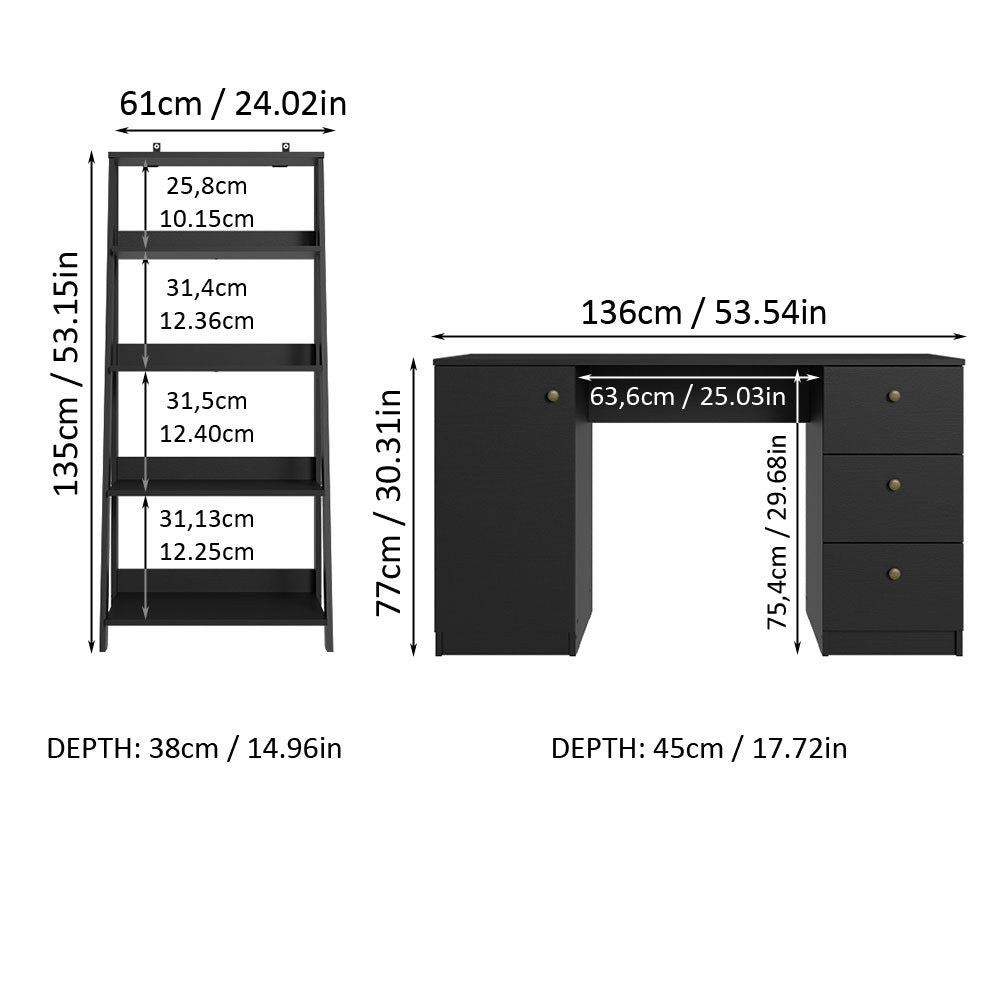 Madesa Desk with Drawer 53" + Ladder Shelf Standing Bookcase - Black ...